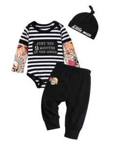 baby boy clothes 0-3 months fake tattoo sleeve just did 9 months on the inside funny baby romper rockabilly bodysuits +little man hat + skull pant 3pcs outfits set