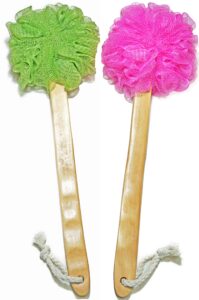 shower loofah body & back scrubber - exfoliating loofah luffa loofa bath brush on a stick - with long wooden handle back brush for men & women - easy reach body wash & lotion applicator 2-pack