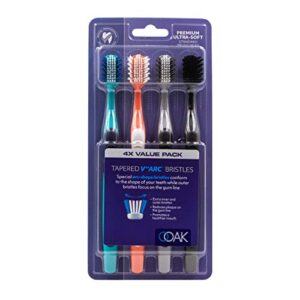 ooak toothbrush, tapered v++arc soft bristles, standard brush head 4 pack - multiple colors