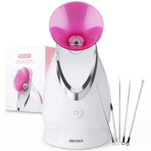 ezbasics facial steamer ionic face steamer for home facial, warm mist humidifier atomizer for face sauna spa sinuses moisturizing, unclogs pores, 1 pack + 5 stainless steel skin kit pink