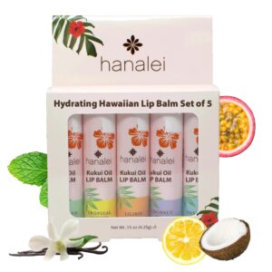 hanalei lip balm and moisturizer - natural kukui oil, beeswax lip moisturizer - replenish and repair dry, chapped lips - variety pack(5 sticks)