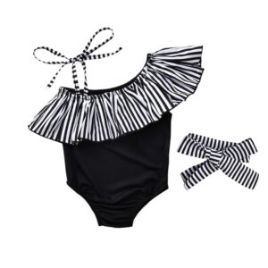 baby girl hawaiian ruffles bikini one-piece swimsuit beach bathing suit floral swimwear+headband 2 pcs set (black strips, 0-6 months)