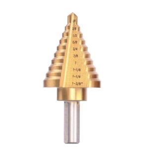 sanuke step drill bit, high speed steel step bits for metal titanium coated 1/4 to 1-3/8 total 10 step sizes