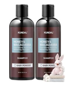 kundal natural hair shampoo set [baby powder scent] ultimate damage hair repair strengthen, nourish dry, with honey, argan oil, macadamia oil, free paraben & sulfate 600ml(20.3 fl oz)