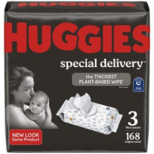 hypoallergenic baby wipes, unscented, huggies special delivery baby diaper wipes, safe for sensitive skin, 99% purified water, 3 push button packs (168 wipes total)