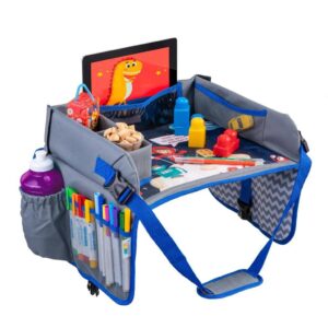 kids travel tray - car seat tray - travel lap desk accessory for your child's rides and flights - it's a collapsible organizer that keeps children entertained holding their toys (blue)