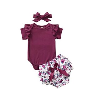 cetepy baby girl clothes newborn summer outfits infant 3pcs floral pants + short ruffle romper playsuit + headband wine red 0-3 months 70cm