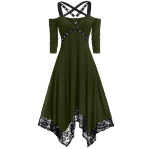 f_gotal womens costume dress plus size vintage cold shoulder strap long sleeve gothic mini dress cosplay retro gown green