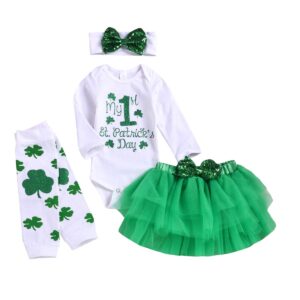 xfglck newborn baby girls my 1st st.patrick's day outfit shamrock rompers+ tutu tulle skirt + headband outfits set (green, 0-3 months)