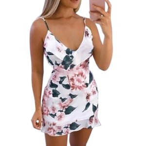 f_gotal womens dresses summer casual floral v neck strappy mini dress sleeveless ruffle beach sundress party cocktail white