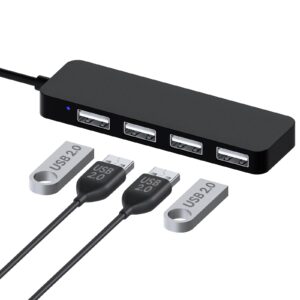 mmobiel 4-port usb data hub compatible with macbook, imac, laptop, windows, linux and more - usb splitter computer - ultra slim usb 2.0 data hub - portable usb adapter - black