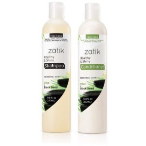 zatik naturals - healthy & shiny shampoo and conditioner set, with olive and black seed, voluminizing and safe for color treated hair - one of each 10.80 fl oz.