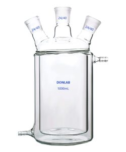 donlab cfl-1000 glass 1000ml/1l 3-neck double layer flat bottom reaction flask jacketed reactor, with three 24/40 ground glass joints