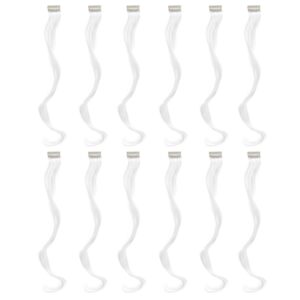 swacc 12 pcs curly wavy one color party highlights clip on in hair extensions colored hair streak synthetic hairpieces (white)