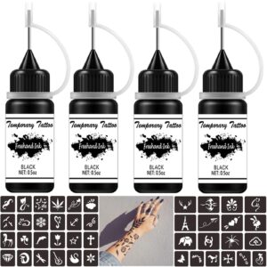 freehand ink temporary tattoo kit jagua gel semi permanent tattoo inks 4 bottles black 2oz temp tattoos for women men kids body art painting diy tattoos fake freckles kits