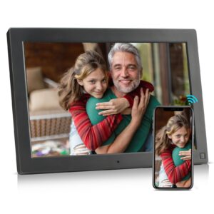 bsimb smart wifi digital picture frame 16gb with wood effect, 10.1 inch hd ips display, instantly share photos/videos via app email, easy-to-use touch screen, auto rotate in landscape or portrait