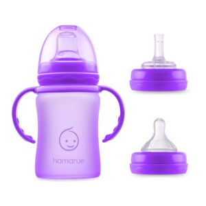 hamarue 3-in-1 glass sippy cups for toddlers | silicone coated glass baby bottles | non-toxic transition cup for baby with removeable handles | baby straw cup nb+,3m,6m,12m (purple, 5 oz)