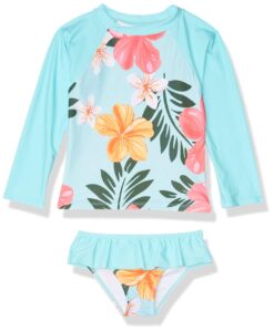 uideazone toddler girls rash guard 2 piece set 3t 4t bathing suit long sleeve floral print swimsui set upf 50+ uv sun protection,3-4y blue-flower