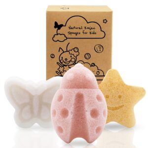 myhomebody konjac baby sponge for bathing, cute shapes natural kids bath sponges for infants, toddler bath time, natural and safe plant-based toys, 3pc. set: butterfly, ladybug, star