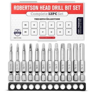 baker and bolt robertson square drill bit set (premium complete 12pc set)/w storage case and bit holder -hex shank magnetic bit set -the gifd collection -fortified s2 steel -long 2in heads for drills