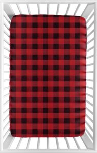 sweet jojo designs woodland buffalo plaid boy fitted mini crib sheet baby nursery for portable crib or pack and play - red and black rustic country lumberjack