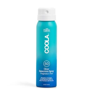 coola organic sunscreen spf 50 sunblock spray, dermatologist tested skin care for daily protection, vegan and gluten free, fragrance free, 2 fl oz