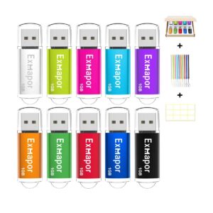 10 x 1gb usb flash drive, exmapor thumb drive cap design usb stick with led indicator lanyards multi colors(10 mixed colors: silver/light green/pink/sky blue/purple/orange/green/red/blue/black)