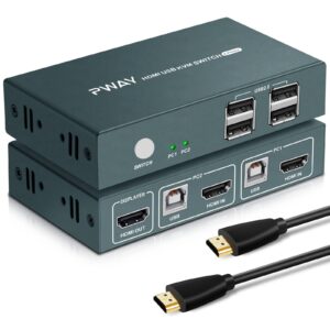 kvm switch hdmi 2 in 1 out box, 4k@30hz with usb 2.0 hubs, hdmi cables and usb-b cables attached, downward compatible lower resolution