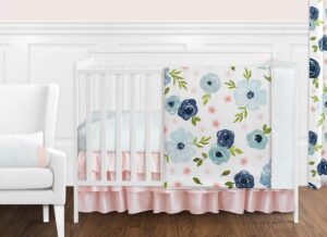 sweet jojo designs navy blue and pink watercolor floral baby girl nursery crib bedding set - 11 pieces - blush, green and white shabby chic rose flower polka dot