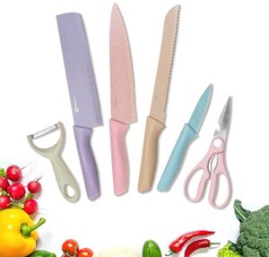 fukep colorful kitchen cutting knife set of 8 piece with giftbox, non-stick sharp chef kitchen cutting knife set including knives, peeler, scissor for cutting, slicing, mincing and dicing meat