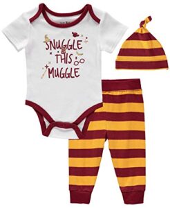 harry potter baby boys clothes set with baby bodysuit, pants, and hat - baby boy outfits (white/red/orange, 3-6m)