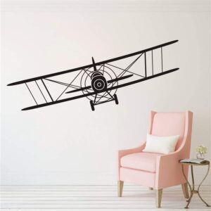 makeyes biplane airplane wall decal vinyl sticker decor for kids boys nursery living room design bedroom decoration diy ymx53 (black, 57x23cm)