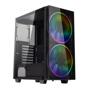 gaming case mid-tower with tempered glass side panel, 2x200mm argb fans included, gamemax black hole