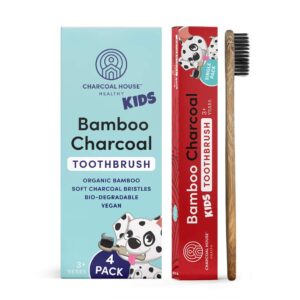 charcoal house 4-pack kids organic bamboo charcoal toothbrushes set - biodegradable & natural - perfect for toddler to children's age - with soft bristles for gentle brushing