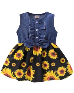 kucnuzki 12 month girl clothes toddler girl princess dresses short sleeve girls denim skirt baby summer swing dress outfits 12-18 months(flower+black)