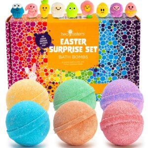 easter bath bombs for kids with surprise toys inside (6 pack) - perfect basket stuffers - usa made, won't stain tub, incredible fragrances - large bubble bomb for girls & boys by two sisters