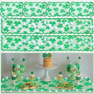 6pcs st patricks day decorations table runners placemats saint shamrock green lace embroidered irish clover party decor supplies,with 2 light strips