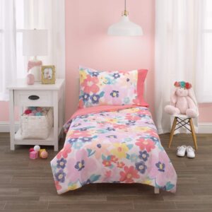 carters pink, orange and mint floral 4 piece toddler bed set - comforter, fitted bottom sheet, flat top sheet and reversible standard pillowcase