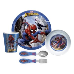 zak! 5-piece dinnerware set, marvel spider-man - durable plastic & stainless steel - includes tumbler, 8-inch plate, 6-inch bowl, fork & spoon - suitable for kids ages 3+