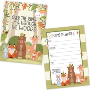 nature forest woodland animals kids birthday party invitations (20 count with envelopes) - animal first birthday invite - forest creatures baby shower - bear, deer, fox, rabbit, squirrel, snail