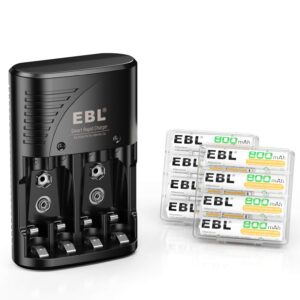 ebl rechargeable aaa batteries (8 packs) with smart rapid battery charger with ac wall plug for aa aaa 9v ni-mh ni-cd rechargeable batteries