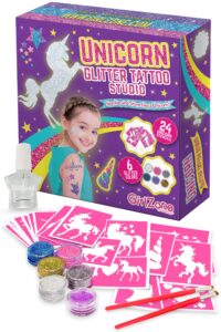 girlzone 33 fun pieces unicorn glitter tattoo for kids, face & skin-friendly, includes 24 stencil designs, 6 colorful cosmetic glitters, 2 brushes & 1 body adhesive, for ages 3+