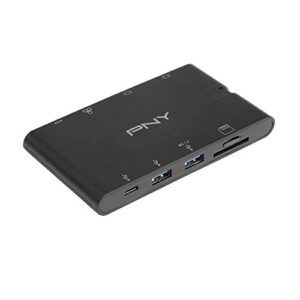 pny 9 in 1 mini portable usb-c power hub with integrated usb-c cable for usb-c compatible devices with 2xusb-c ports, 2xusb-a 3.1 ports, 1xhdmi port, 1xvga port, sd/microsd slots, pny mini usb-c hub