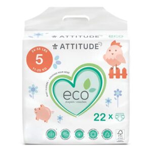 attitude disposable diapers for sensitive skin, hypoallergenic, chlorine-free, dye-free & lotion-free biodegradable baby diapers, plain white (unprinted), size 5 (24-55 lbs), 22 count