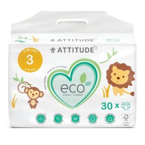 attitude natural diapers, non-toxic, eco-friendly, safe for sensitive skin, chlorine-free, leak-free & biodegradable baby diapers, plain white (unprinted), size 3 (9-20 lbs), 30 count (16230)