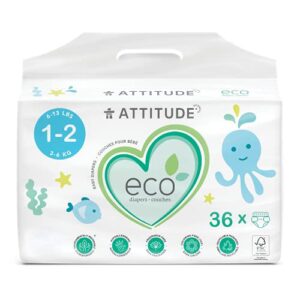 attitude biodegradable baby diapers, non-toxic, eco-friendly, safe for sensitive skin, chlorine-free & leak-free, plain white (unprinted), size 1-2 (6-13 lbs), 36 count (16220)