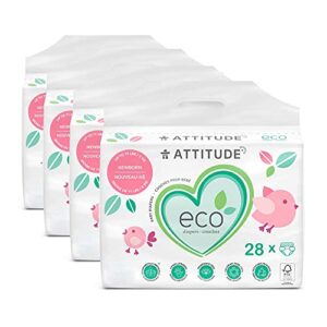 attitude non-toxic diapers, eco-friendly, safe for sensitive skin, chlorine-free, leak-free & biodegradable baby diapers, plain white, newborn (up to 11 lbs), 112 count (4 packs of 28)