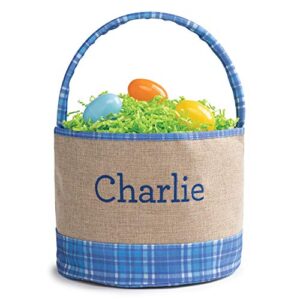 personalized easter bucket bag with custom name | blue plaid burlap easter bag with handle | egg basket for kids | customized easter basket | great for book and toy storage