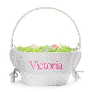 personalized planet easter basket with gray gingham liner, white basket, for kids & adults - custom name, gift for easter