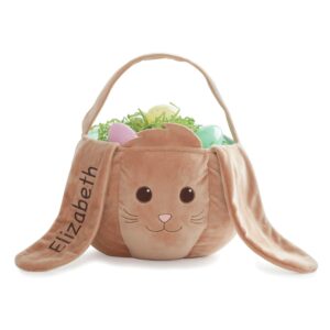 personalized brown easter bunny bag with custom name | plush easter bag with handle | soft egg basket for kids | customized easter basket | great for book and toy storage